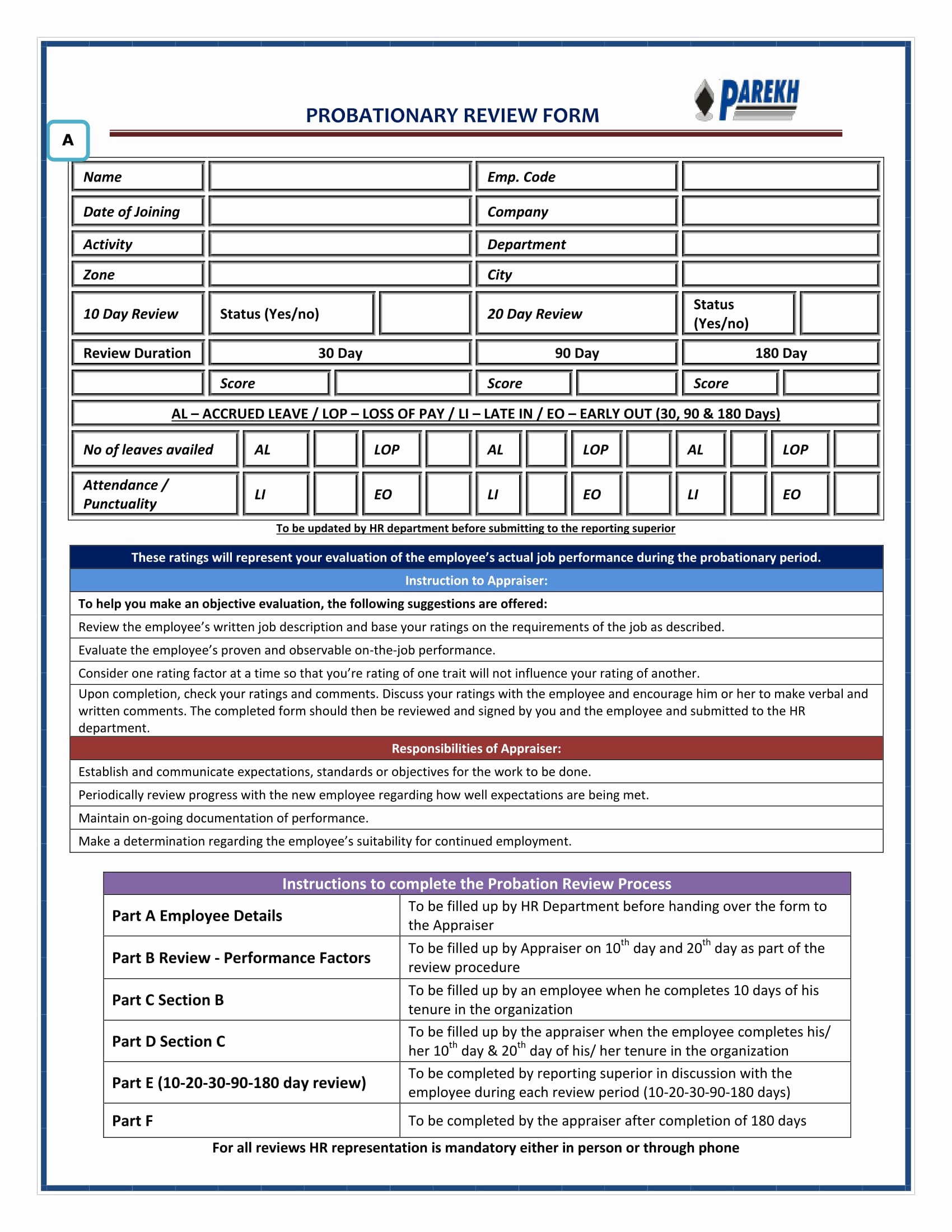 30 90 Day Employee Evaluation Form Example Document Template