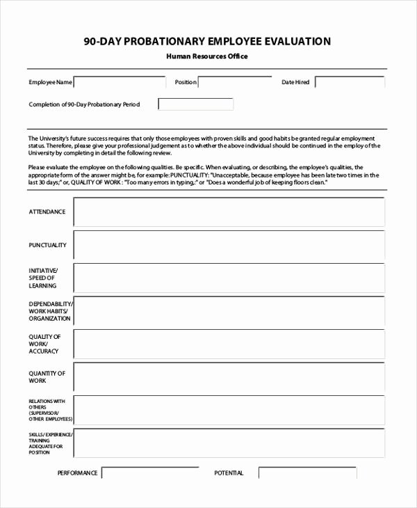30 90 Day Employee Evaluation Form Example Document Template