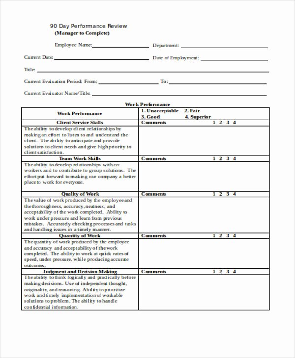 30 90 Day Employee Evaluation Form Example Document Template