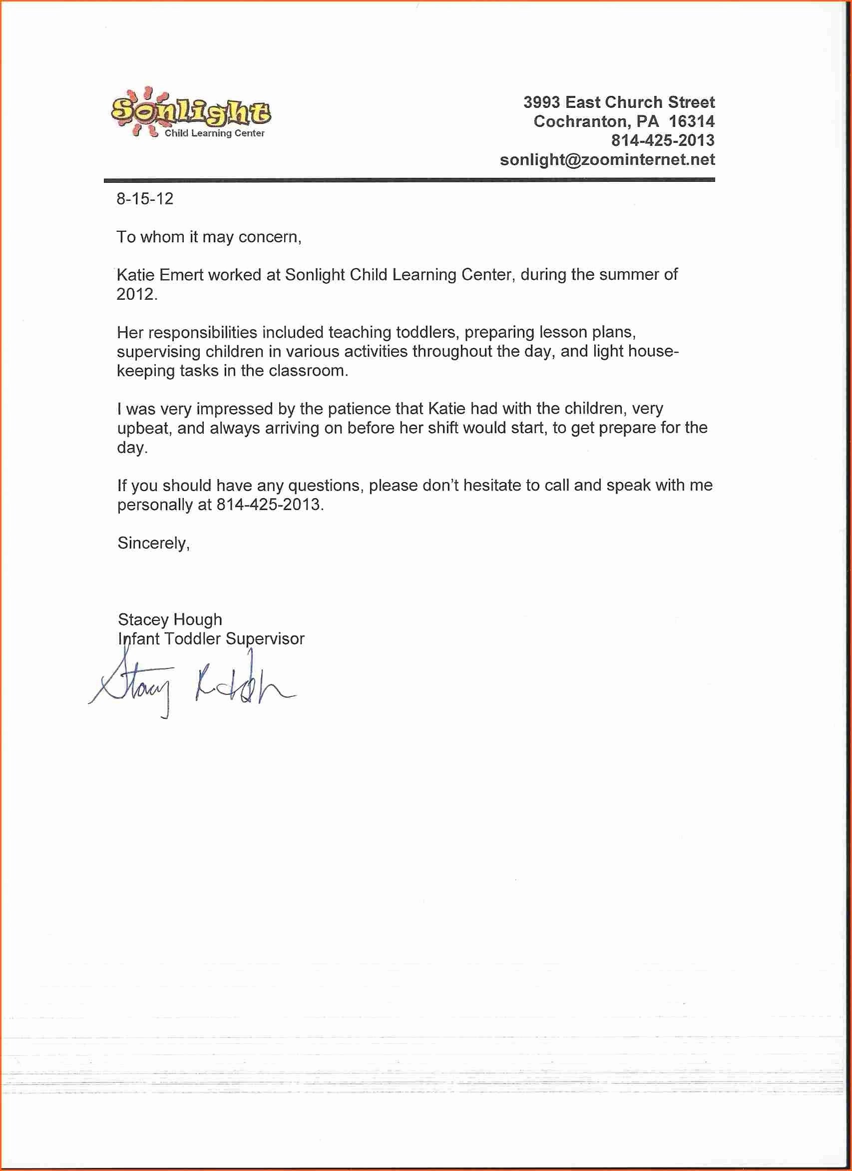 Recommendation Letter For Daycare Teacher
