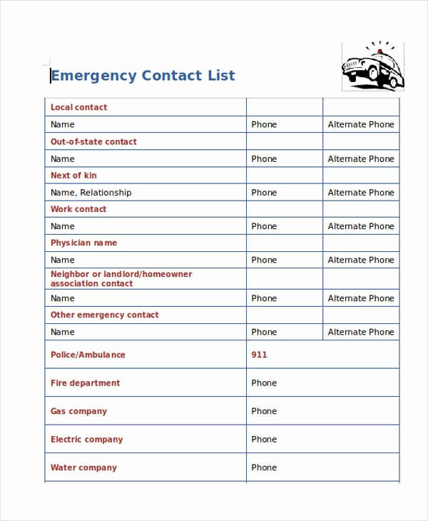 30 Printable Emergency Contact List Example Document Template