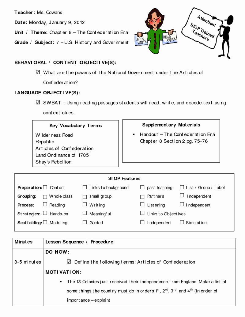 30 Siop Model Lesson Plan Example Document Template
